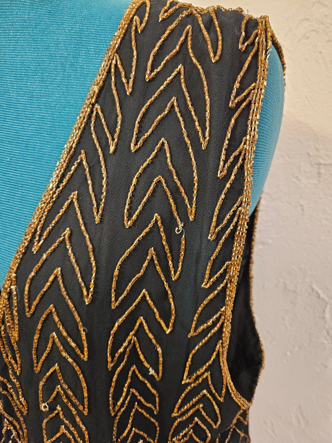 Sweet Sue Black Gold Beaded Leaf Vest Chevron Amber Embroidery 1980s ...