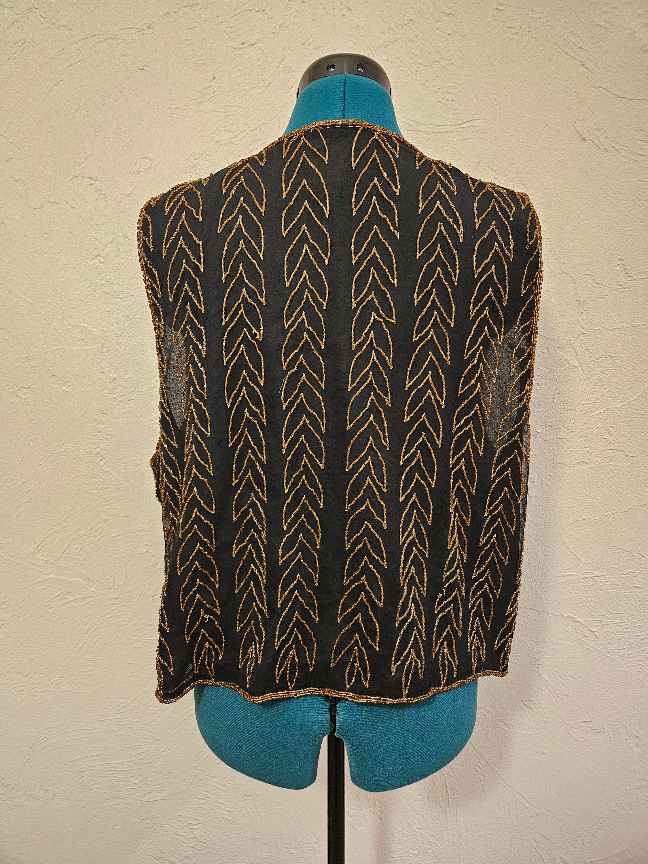 Sweet Sue Black Gold Beaded Leaf Vest Chevron Amber Embroidery 1980s ...