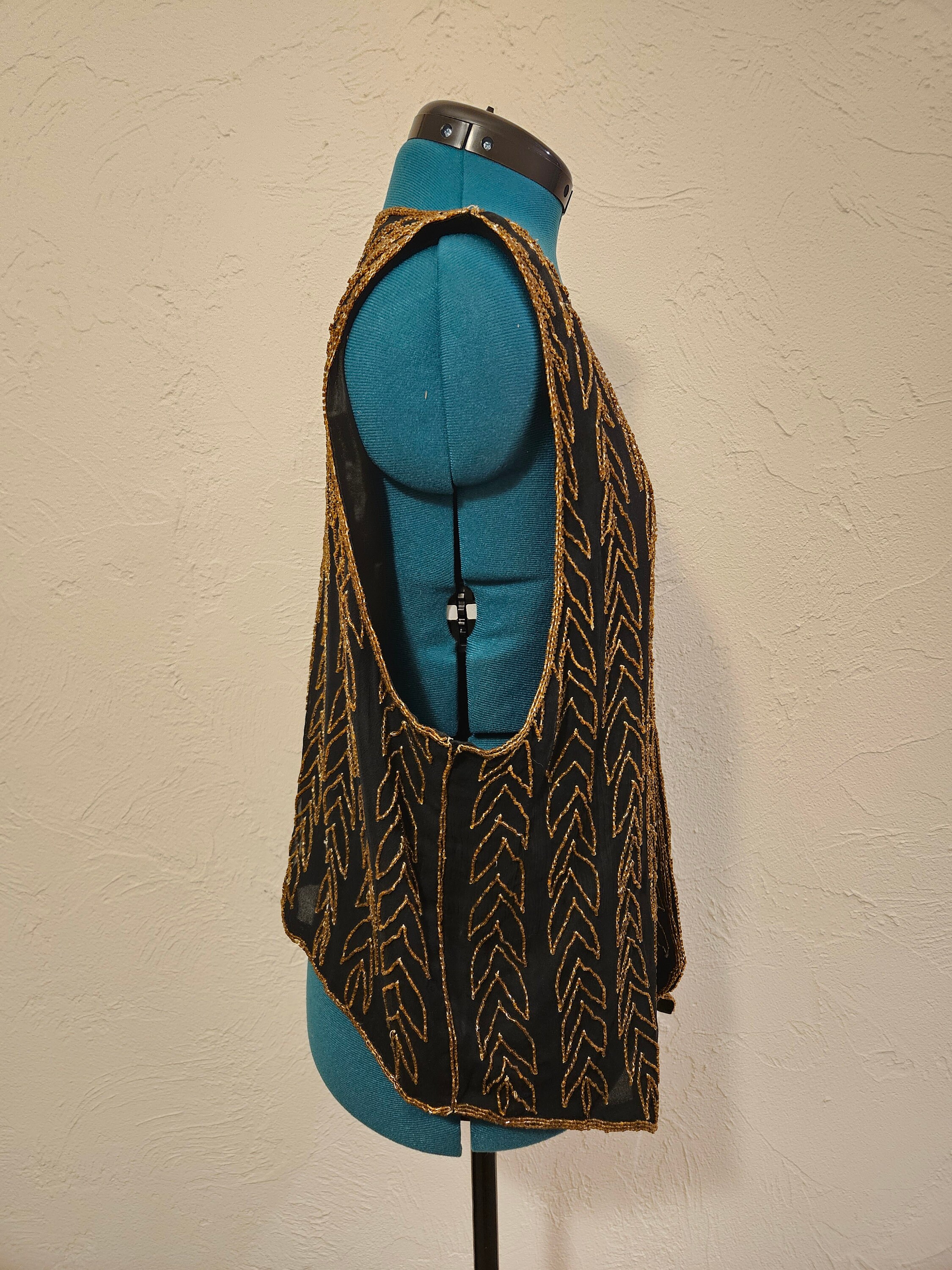 Sweet Sue Black Gold Beaded Leaf Vest Chevron Amber Embroidery 1980s ...