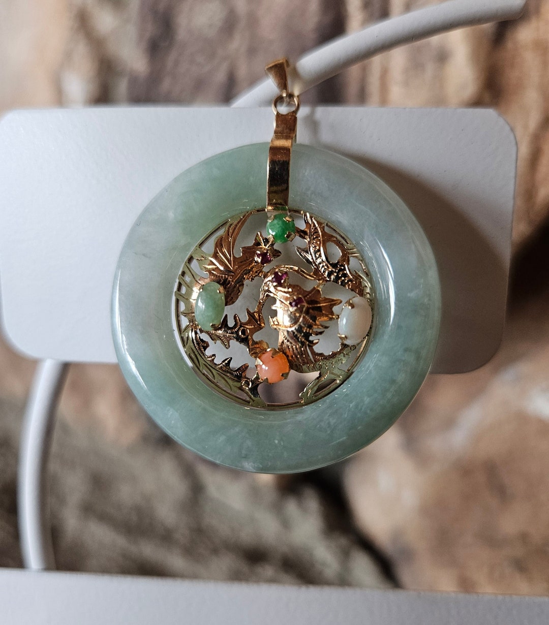 14KT Gold Jade Round Pendant Chinese Green Orange White Stones Carved ...