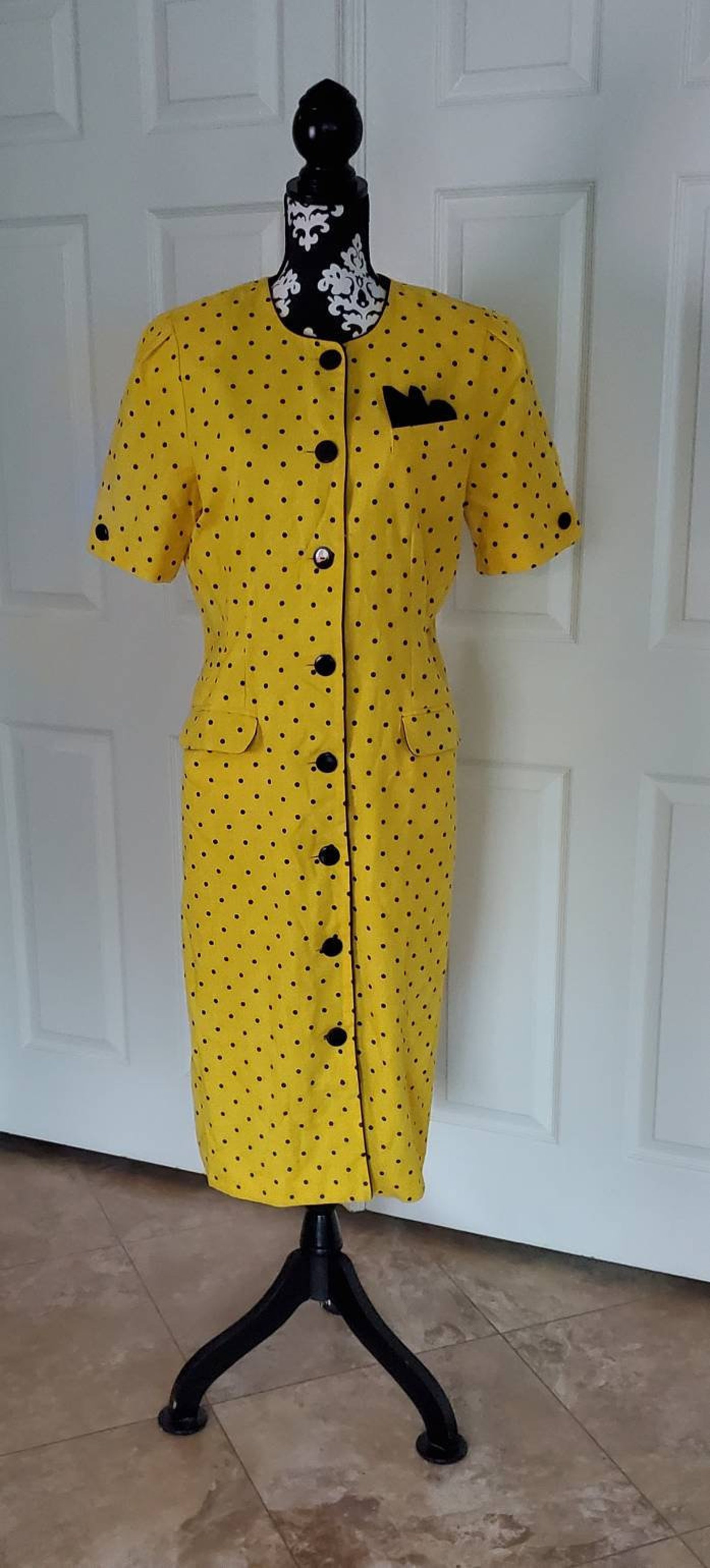 Sunshine Starshine Yellow Black Polka Dot Spotted Button Down Secretary ...