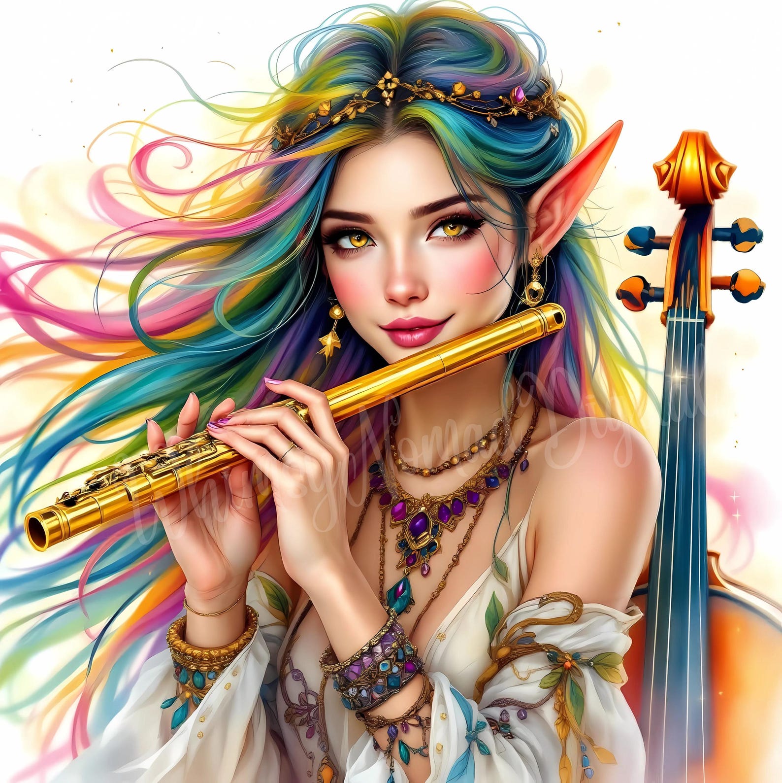 Fantasy Elf Clipart, Boho Fairy, Musical Elf Illustration, Rainbow Hair ...
