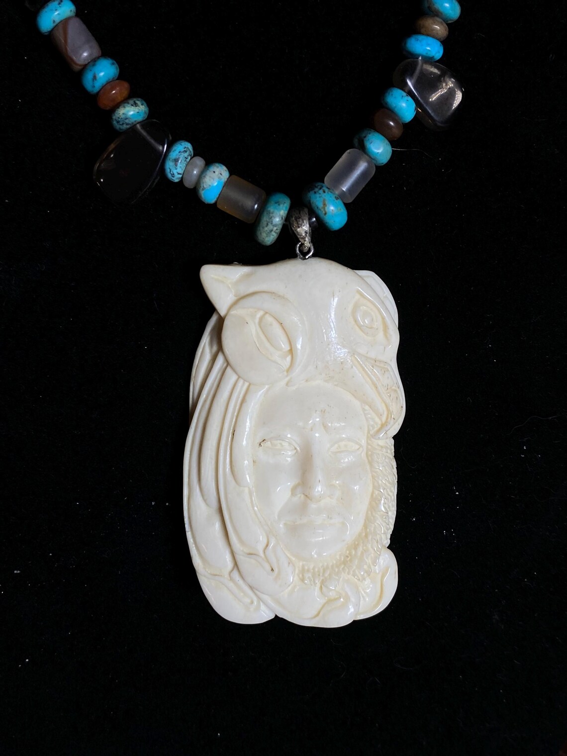 Native Alaskan Carved Bone Necklace – Eagle Hat & Tribal Figure W ...