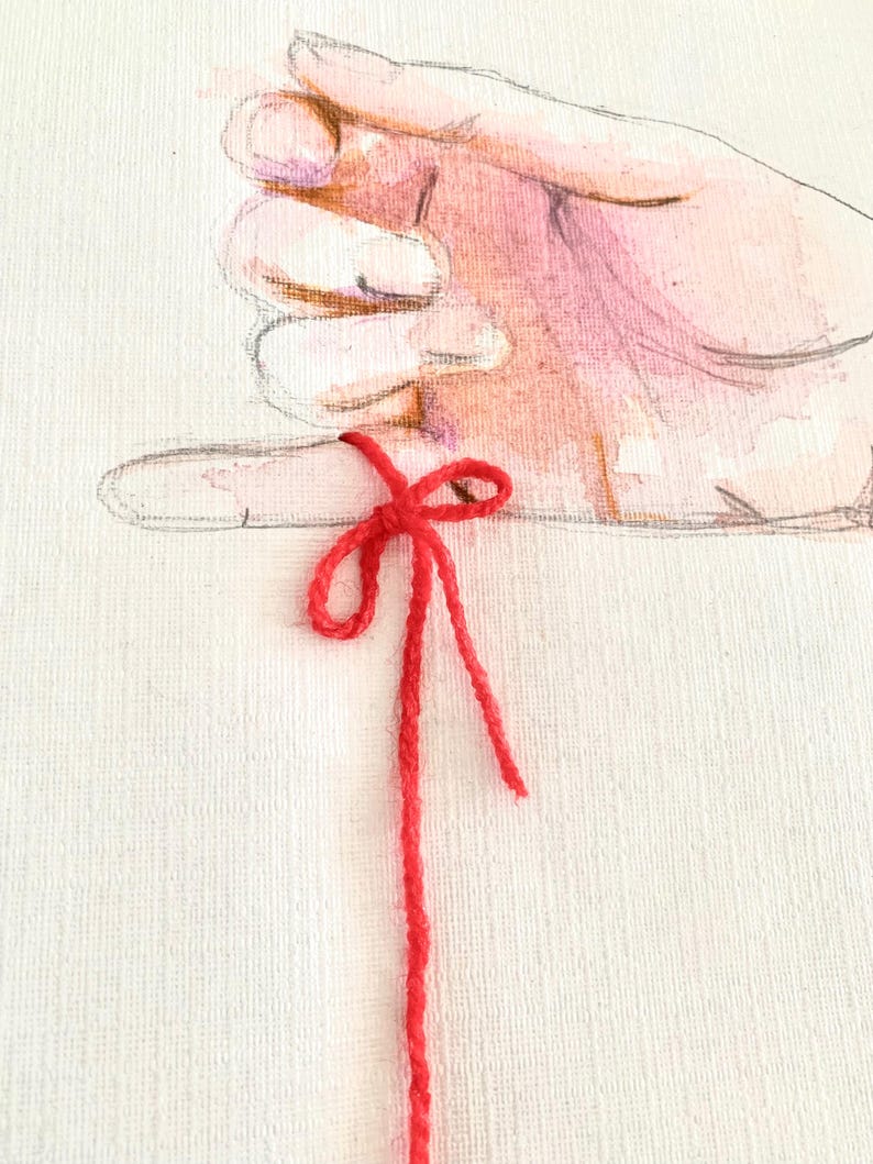 The Red String - Mixed Technique: Hand-painted Watercolour and Red Thread - One of a Kind Art ...
