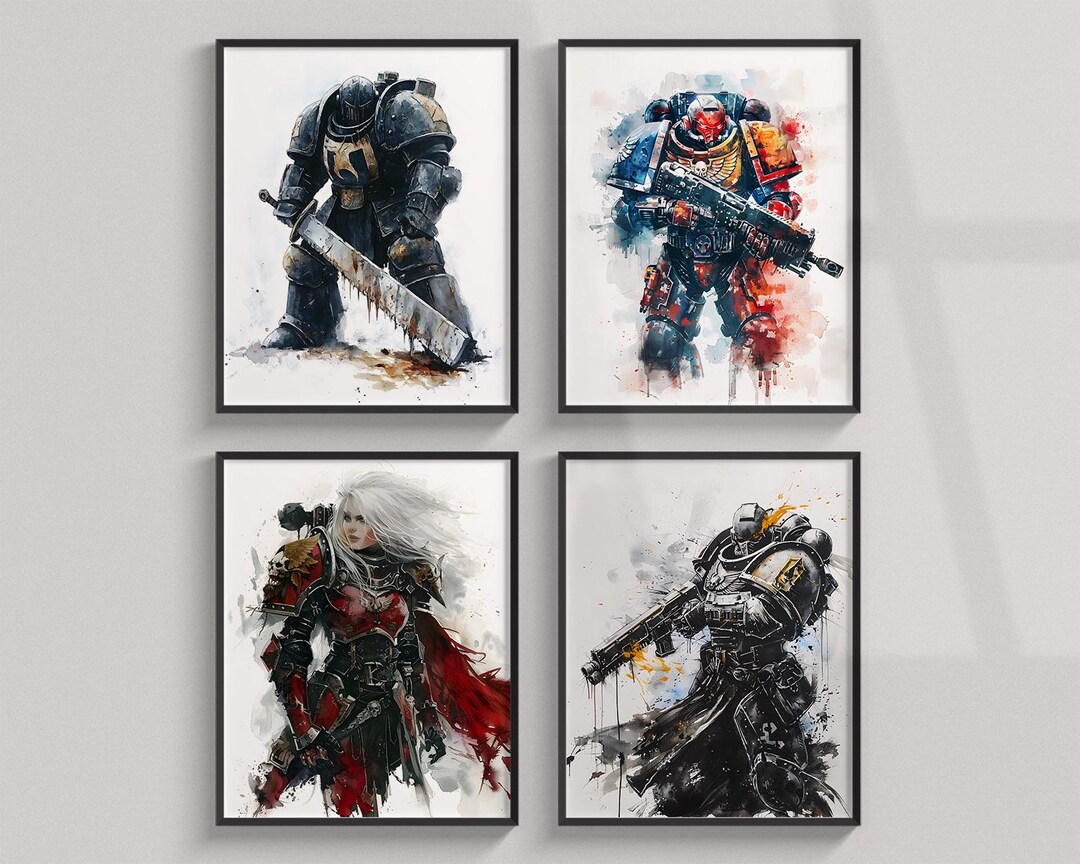 Warhammer 40k Print, Set of 4 Watercolor Warriors, Space Marines Video ...