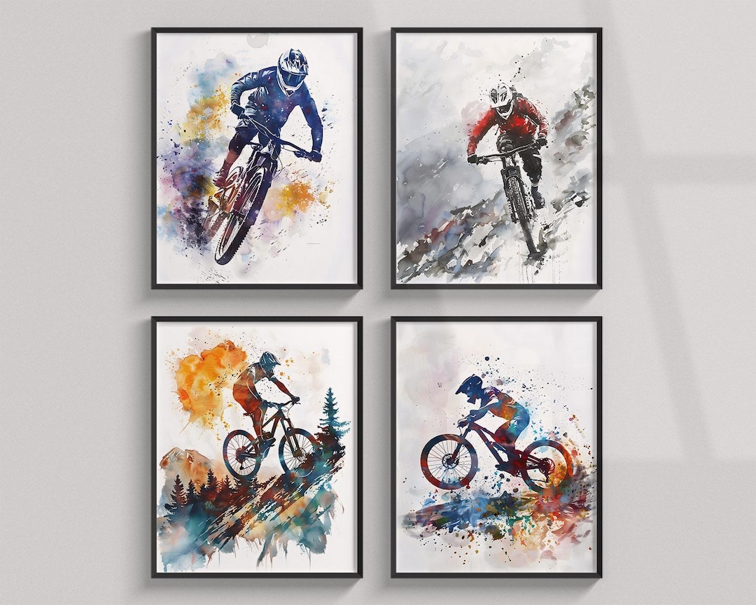 Downhill Mountain Bike Print, Set of 4 Watercolor MTB Bicycle Wall Art ...