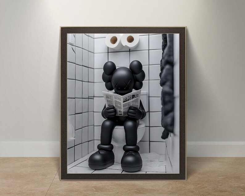 Kaws on the Toilet Reading a Newspaper Wall Art, Black Kaws Figure ...