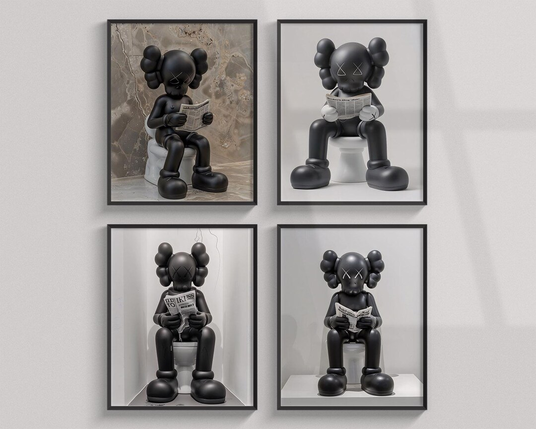 Kaws on the Toilet Reading a Newspaper Print, Set of 4 Black Kaws ...