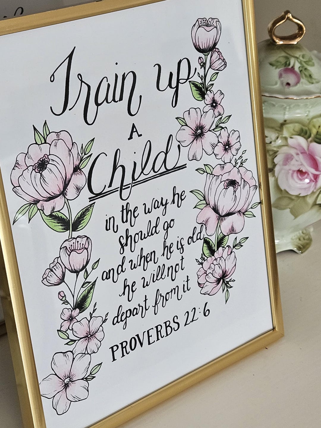 Handmade Calligraphy Art With Pink Flowers, Proverbs 22:6, Digital - Etsy