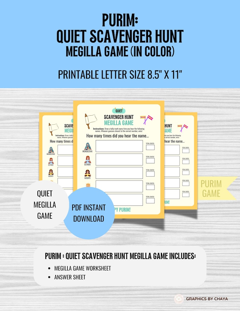 Purim Megillah Game, Quiet Megillah Game, Scavenger Hunt (megillah ...