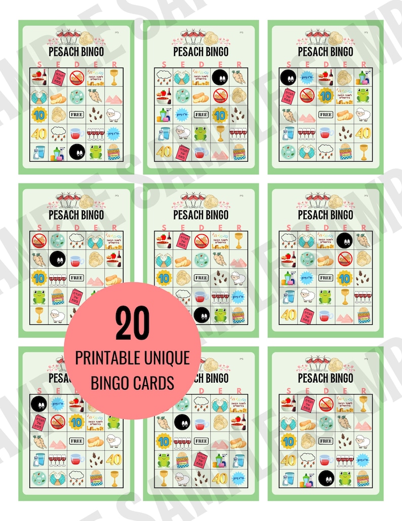 Pesach Bingo Game (20 Cards) Printable for Hebrew School, Family ...
