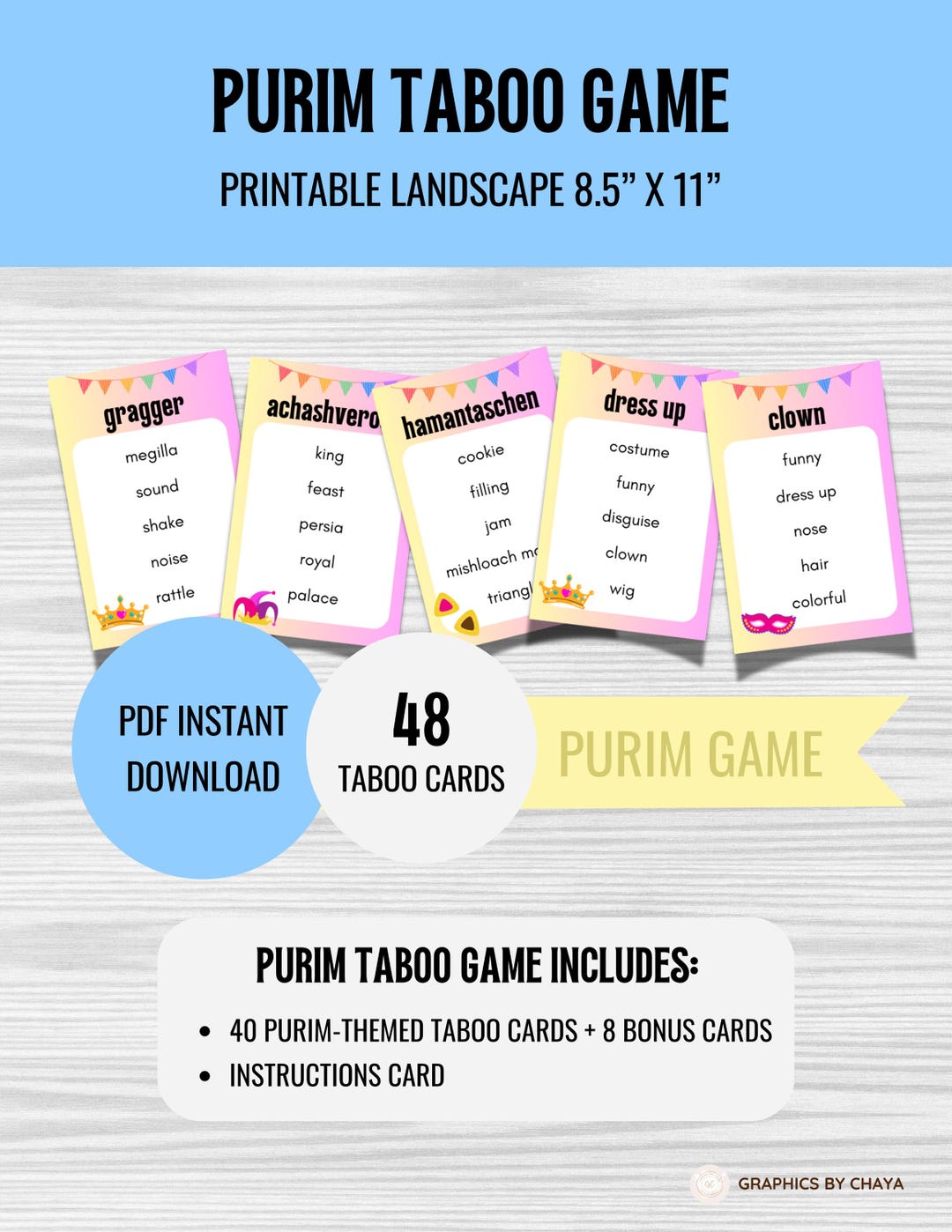 Purim TABOO Game (48 Cards) - PDF Download, Printable - Etsy