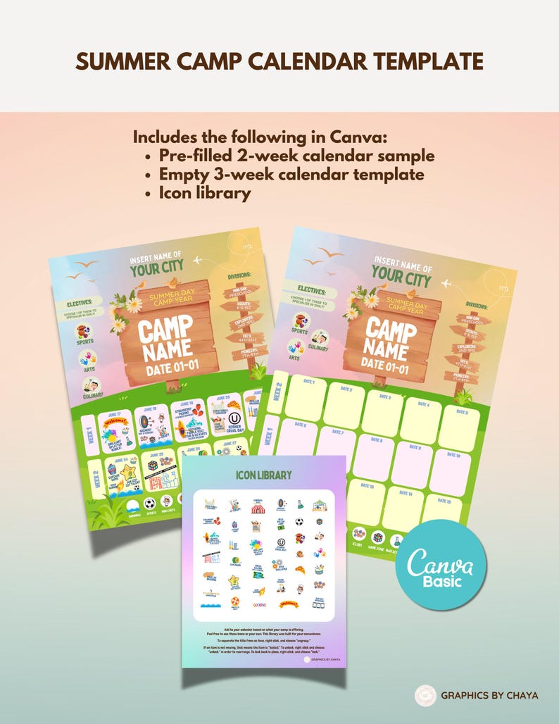 Camp Calendar 3-week Canva Template (basic Canva) - Etsy
