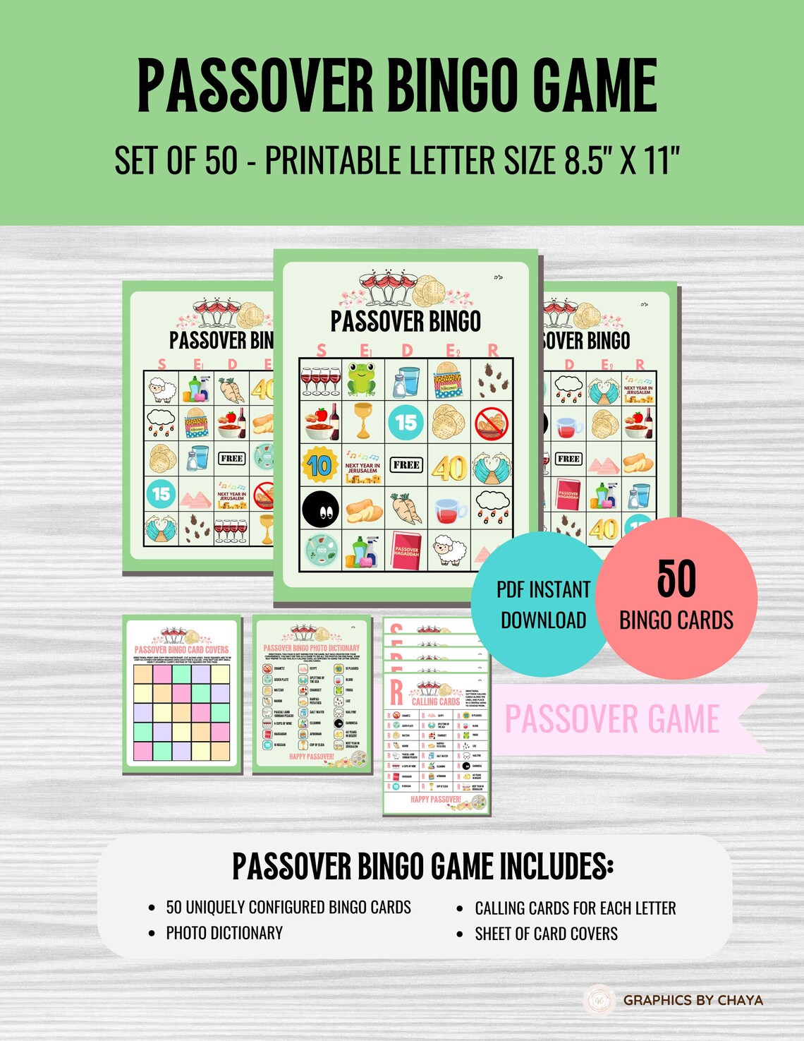 Passover Bingo (50 Bingo Card Game) Printable for Hebrew School, Family ...