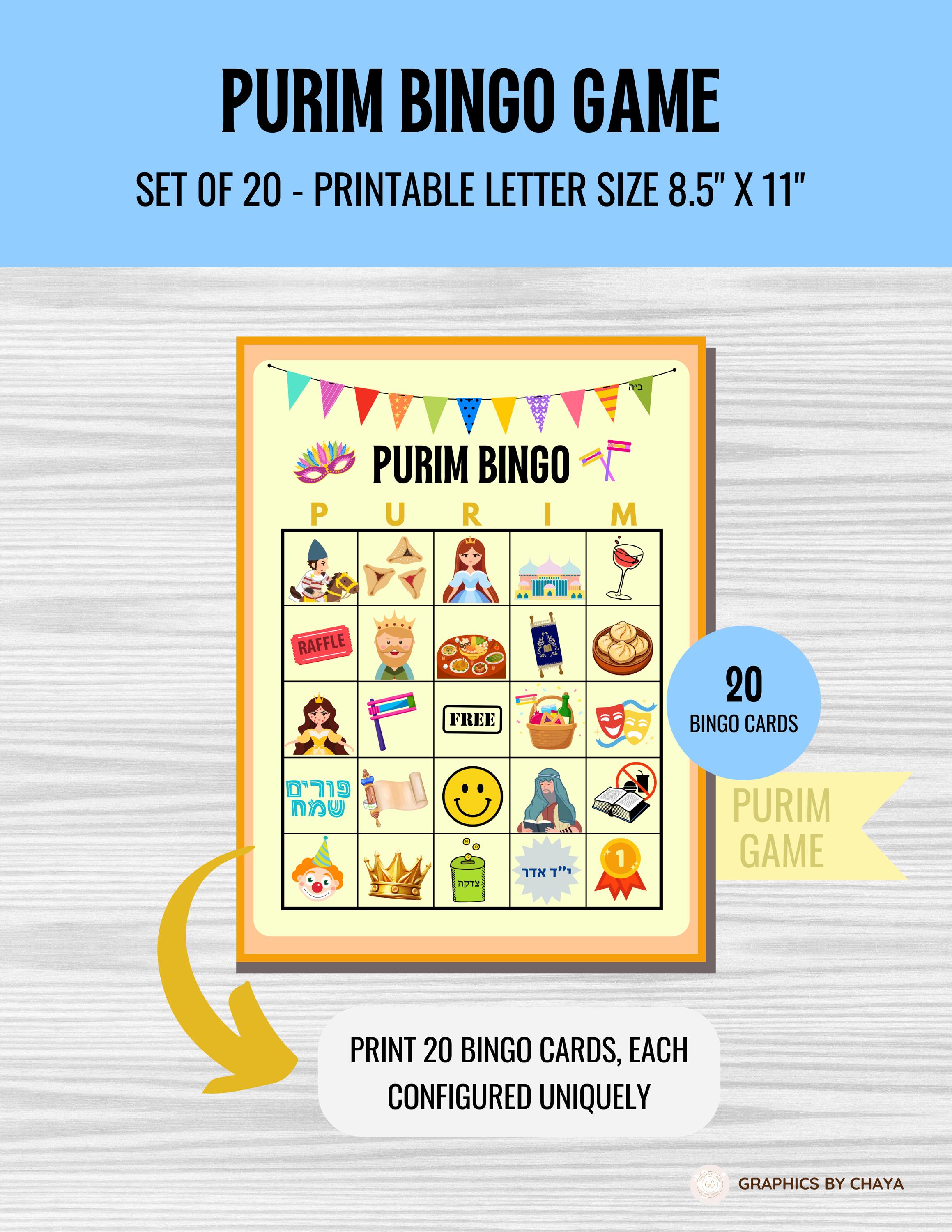 Purim BINGO Game (20 Bingo Cards) - PDF Download, Printable - Etsy