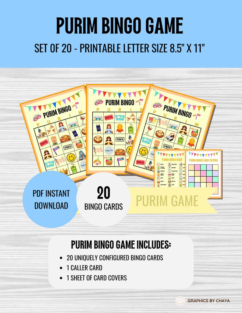 Purim BINGO Game (20 Bingo Cards) - PDF Download, Printable - Etsy