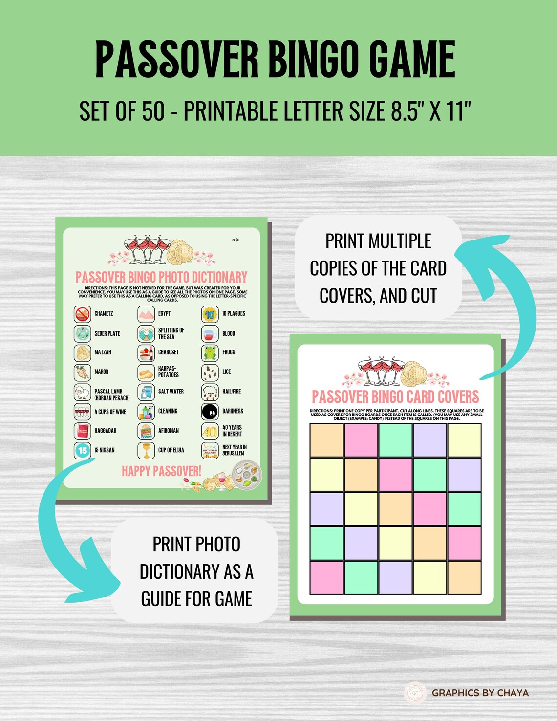 Passover Bingo (50 Bingo Card Game) Printable for Hebrew School, Family ...