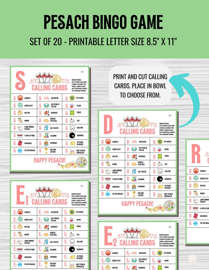 Pesach Bingo Game (20 Cards) Printable for Hebrew School, Family ...