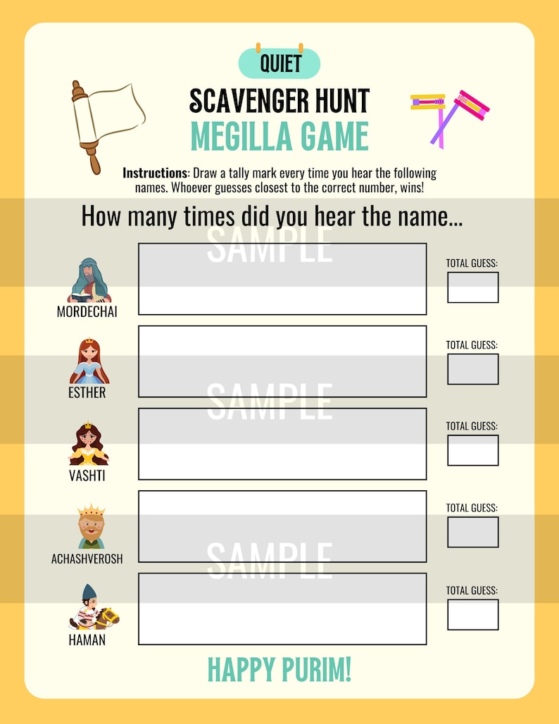 Purim Megillah Game, Quiet Megillah Game, Scavenger Hunt (megillah ...