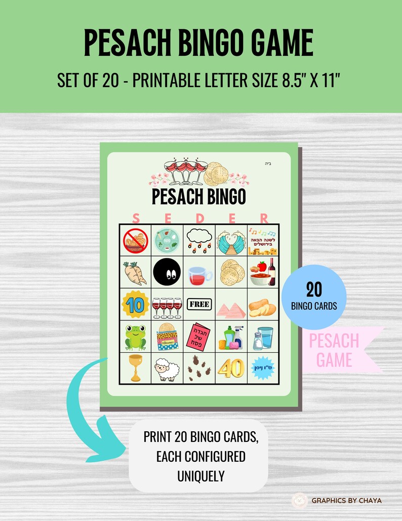 Pesach Bingo Game (20 Cards) Printable for Hebrew School, Family ...