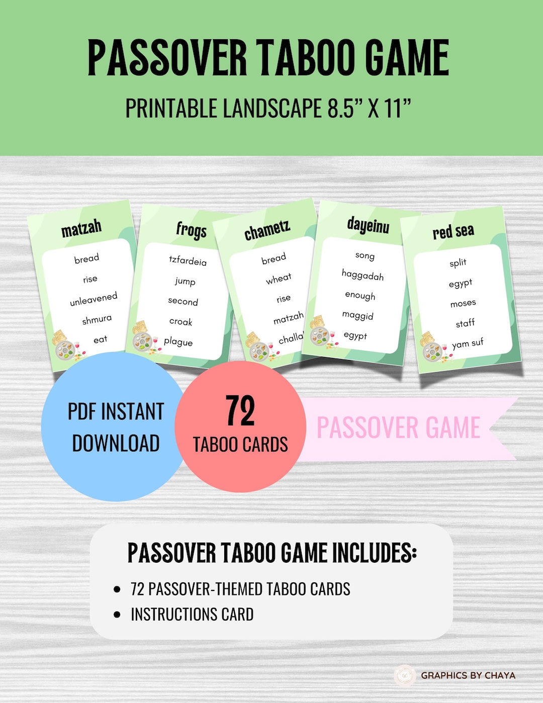 Passover TABOO Game (72 Cards) Printable for Hebrew School, Family ...