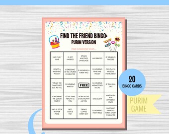Purim Find the Friend BINGO Game (20 Bingo Cards) - PDF Download ...