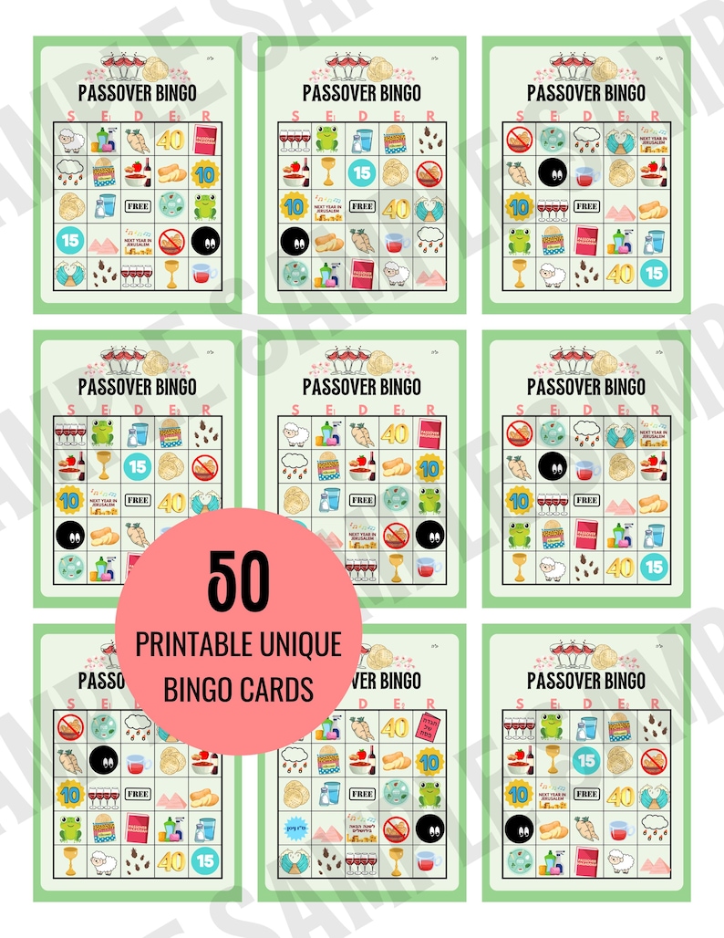 Passover Bingo (50 Bingo Card Game) Printable for Hebrew School, Family ...