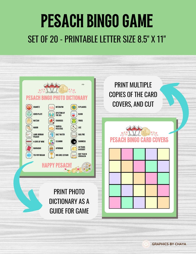 Pesach Bingo Game (20 Cards) Printable for Hebrew School, Family ...