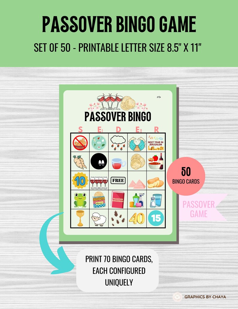 Passover Bingo (50 Bingo Card Game) Printable for Hebrew School, Family ...