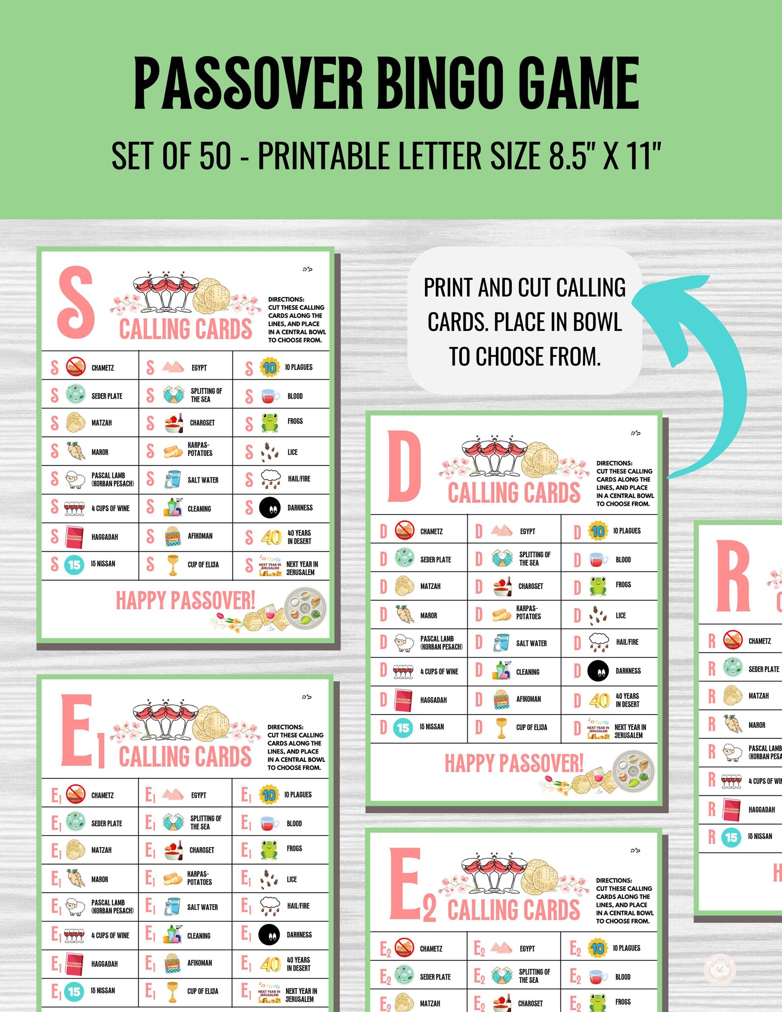 Passover Bingo (50 Bingo Card Game) Printable for Hebrew School, Family ...
