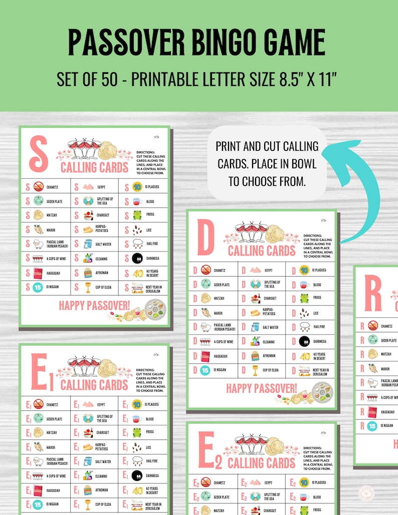 Passover Bingo (50 Bingo Card Game) Printable for Hebrew School, Family ...