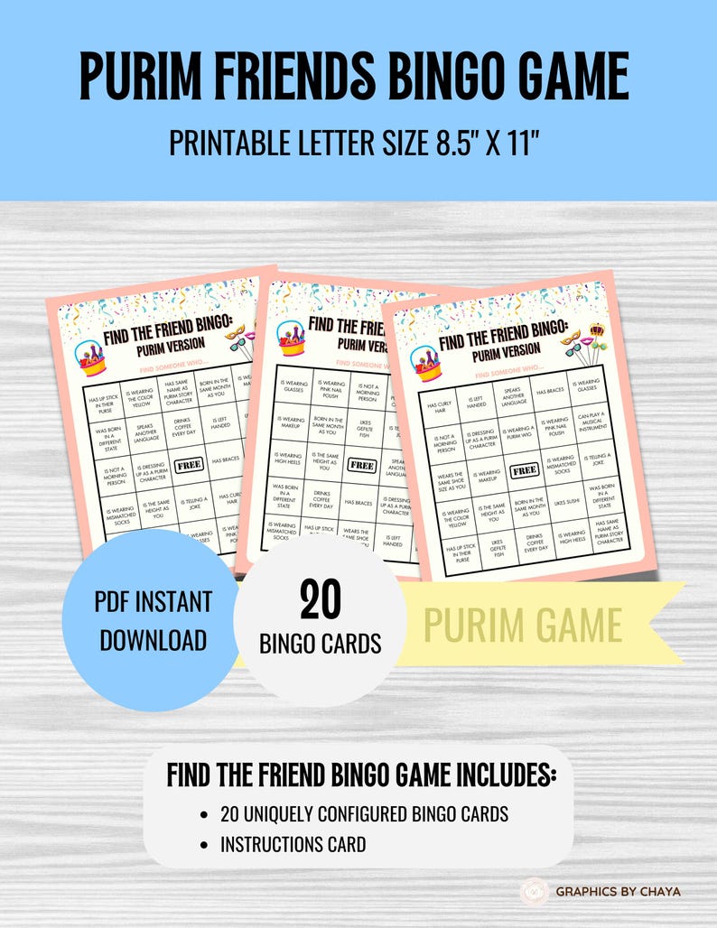 Purim Find the Friend BINGO Game (20 Bingo Cards) - PDF Download ...