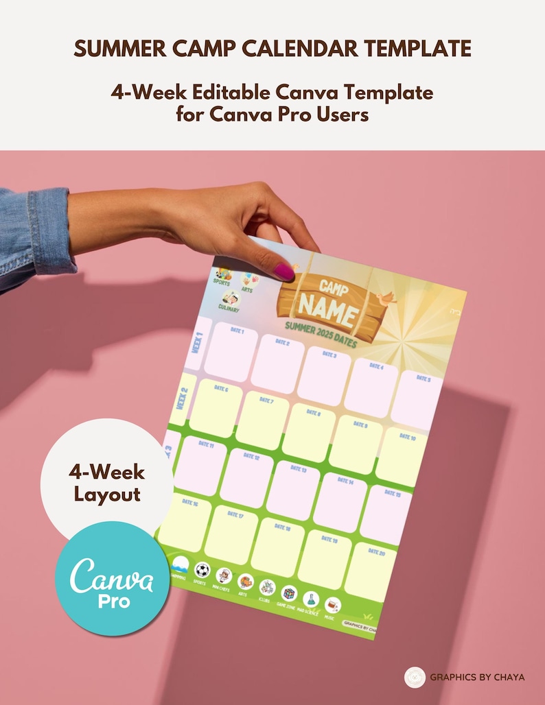 Camp Calendar 4-week Canva Template (canva Pro) - Etsy