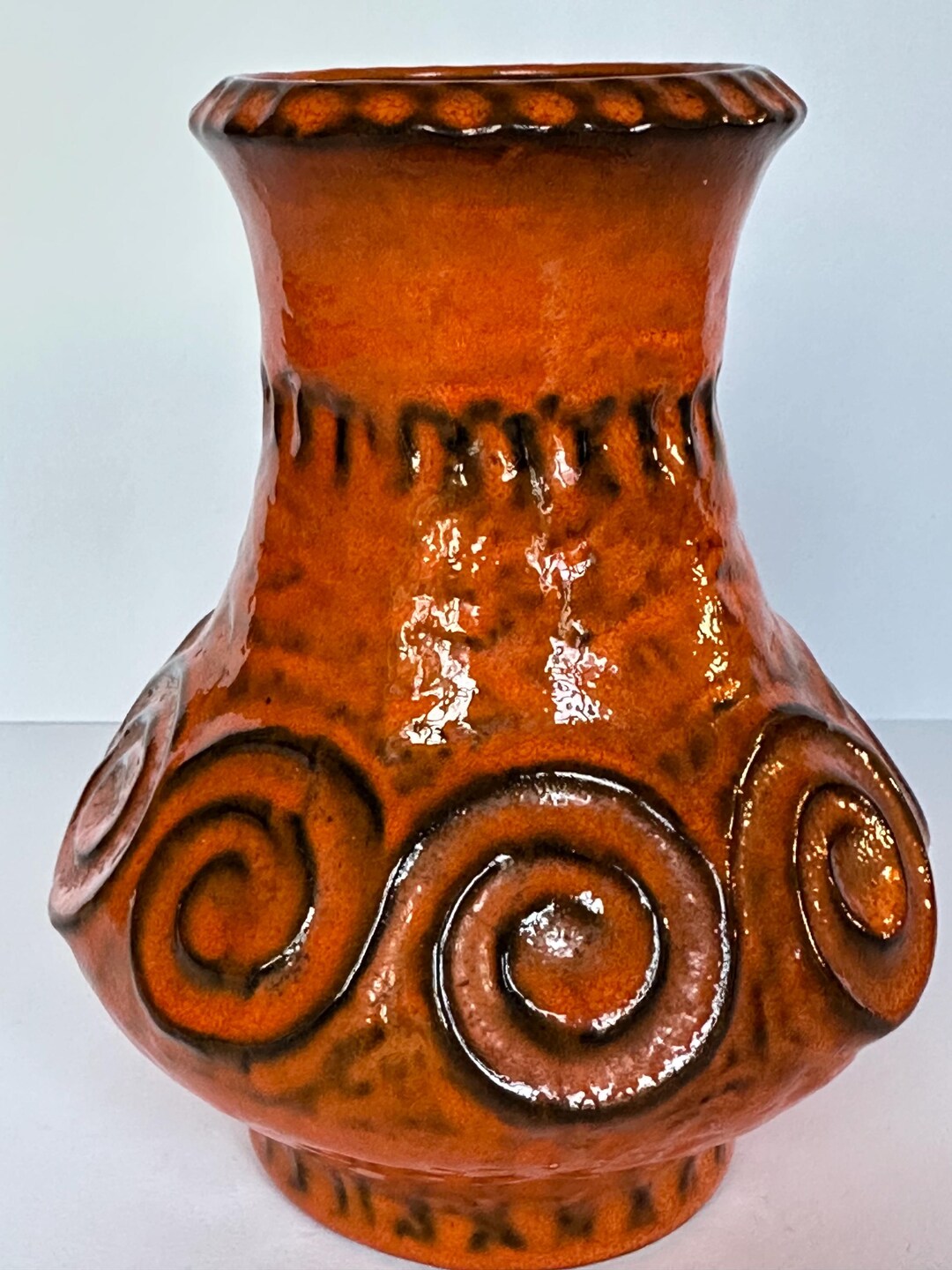West German Pottery Vase Jasba Orange Spiral Pattern 1960's Moulded Relief Decor Black High ...