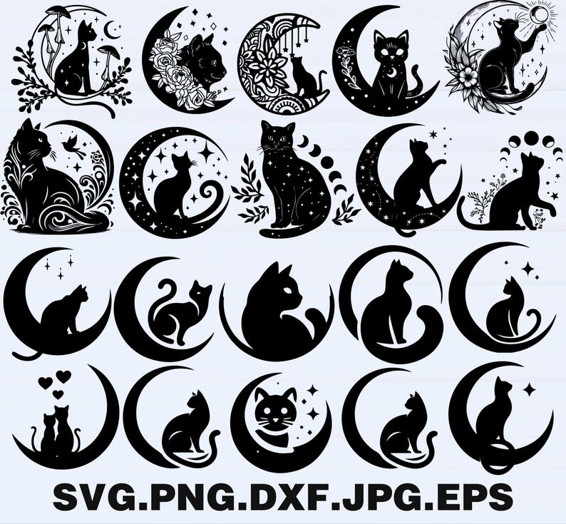 Cat and Moon Phases SVG Bundle, Cat Silhouette SVG, Cat Moon SVG, Cat ...