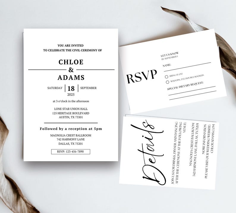 Civil Wedding Invitation Template, Minimalist Modern City Hall Wedding ...