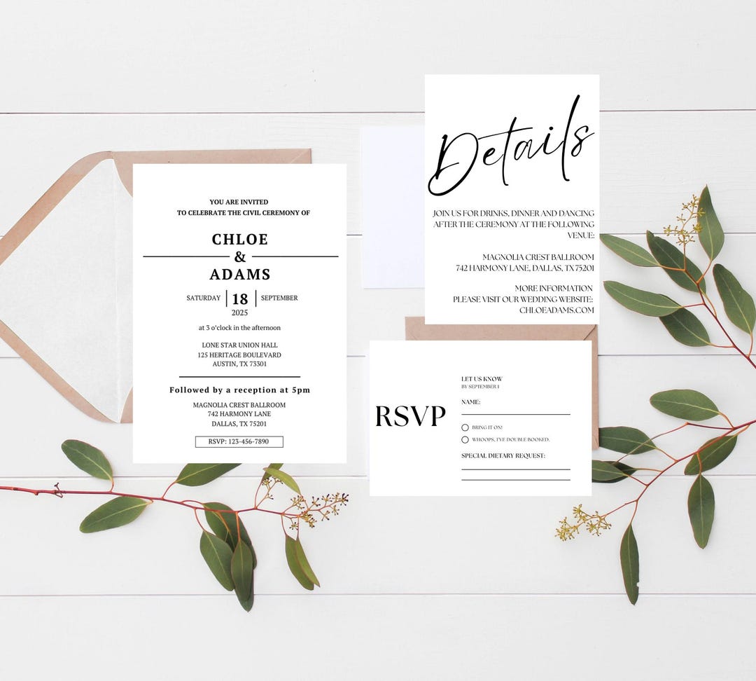 Civil Wedding Invitation Template, Minimalist Modern City Hall Wedding ...