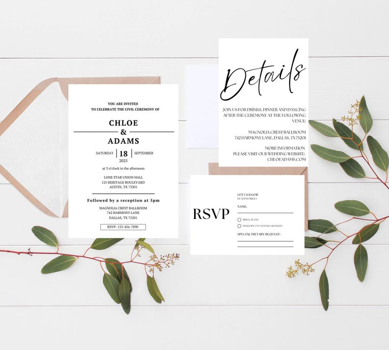 Civil Wedding Invitation Template, Minimalist Modern City Hall Wedding ...