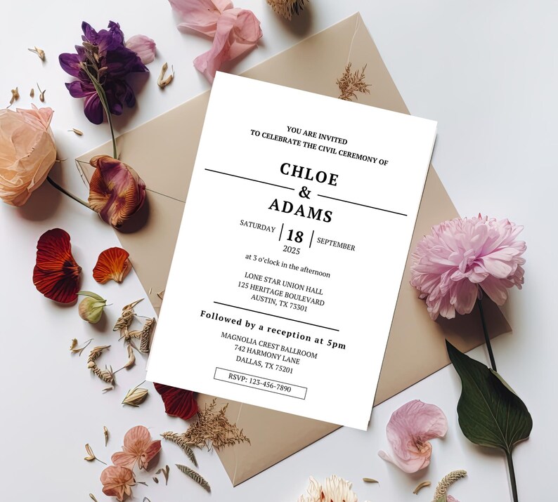 Civil Wedding Invitation Template, Minimalist Modern City Hall Wedding ...
