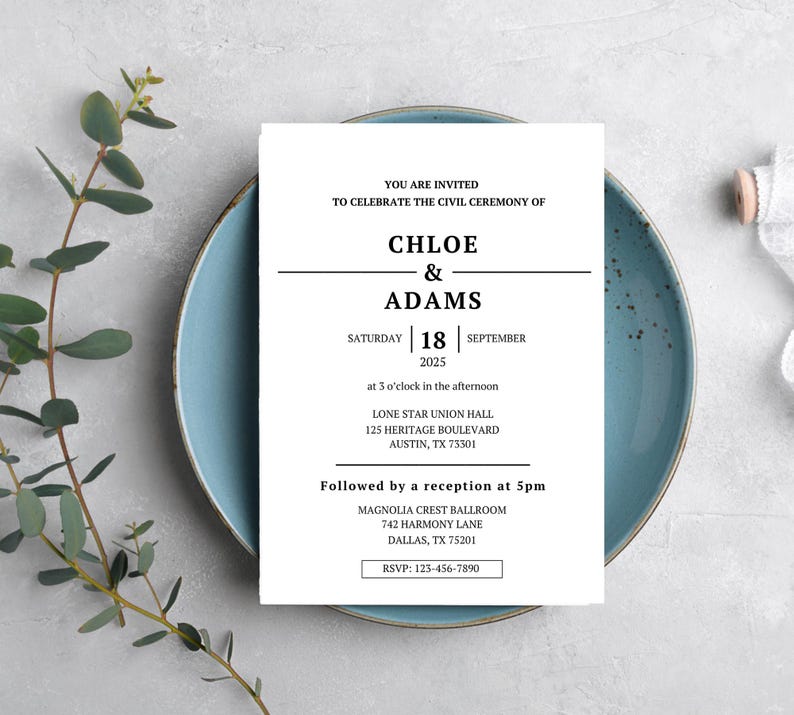 Civil Wedding Invitation Template, Minimalist Modern City Hall Wedding ...