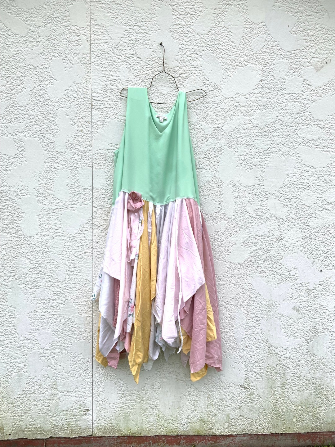 Upcycled Sleeveless Dress: Tattered Boho Tunic, Mint Green & Pink - Etsy