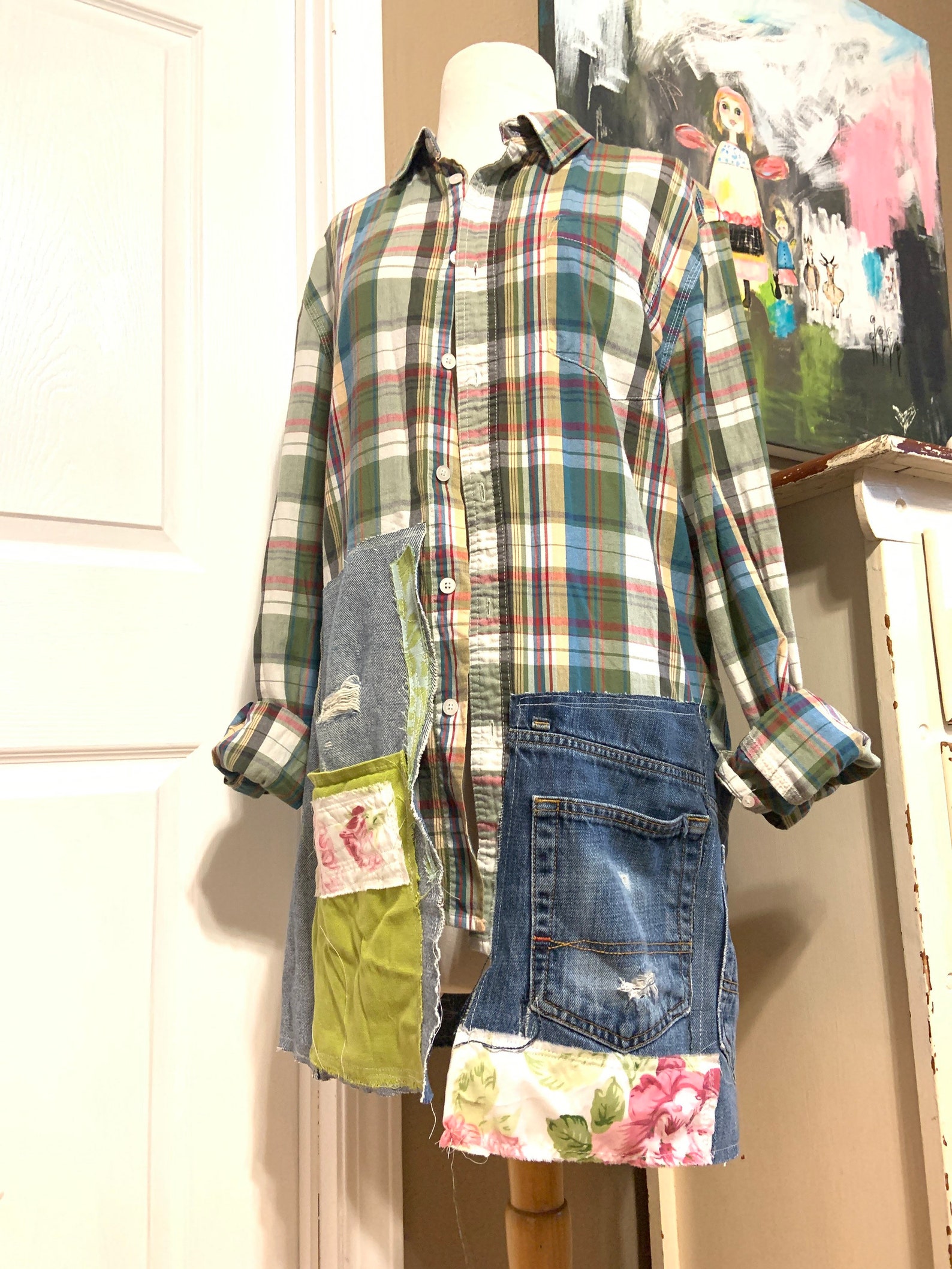 Upcycled Denim and Cotton Green Plaid Shirt Jacket Upcycled - Etsy