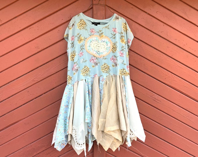 Upcycled Ladies Tattered Bottom Dress With Crocheted Heart, Valentine ...