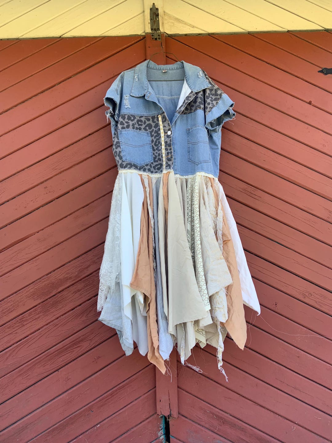 Upcycled Tattered Denim and off White Rustic Dress, Womens Lace Dress ...