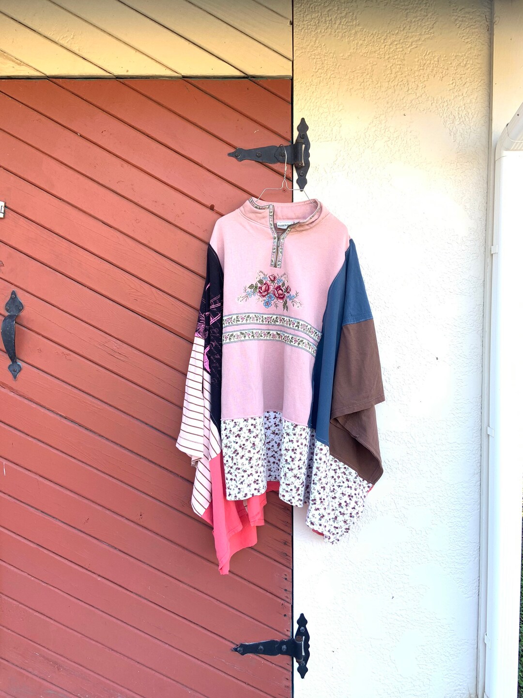 Upcycled Pink Floral Poncho, Patchwork Tunic, Upcycled Poncho, Modern ...