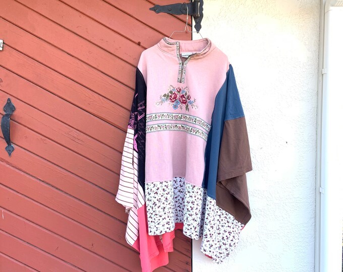 Upcycled Pink Floral Poncho, Patchwork Tunic, Upcycled Poncho, Modern Clothing, Loose Fit Tunic ...