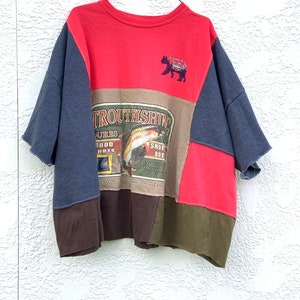 Funky Upcycled Patchwork Smoky Mountains Trout Fishing Cropped Shirt by ...