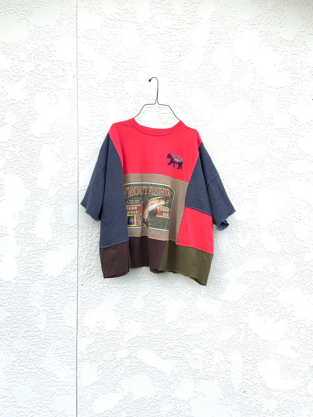 Funky Upcycled Patchwork Smoky Mountains Trout Fishing Cropped Shirt by ...