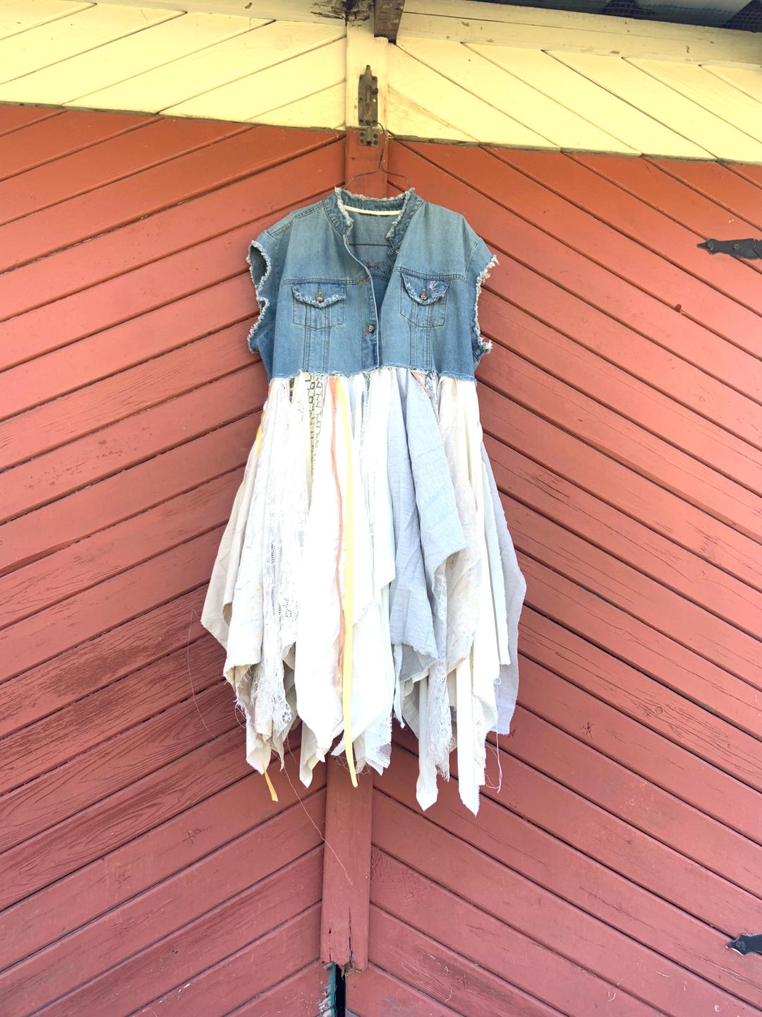 Upcycled Tattered Denim and off White Rustic Dress, Womens Lace Dress ...