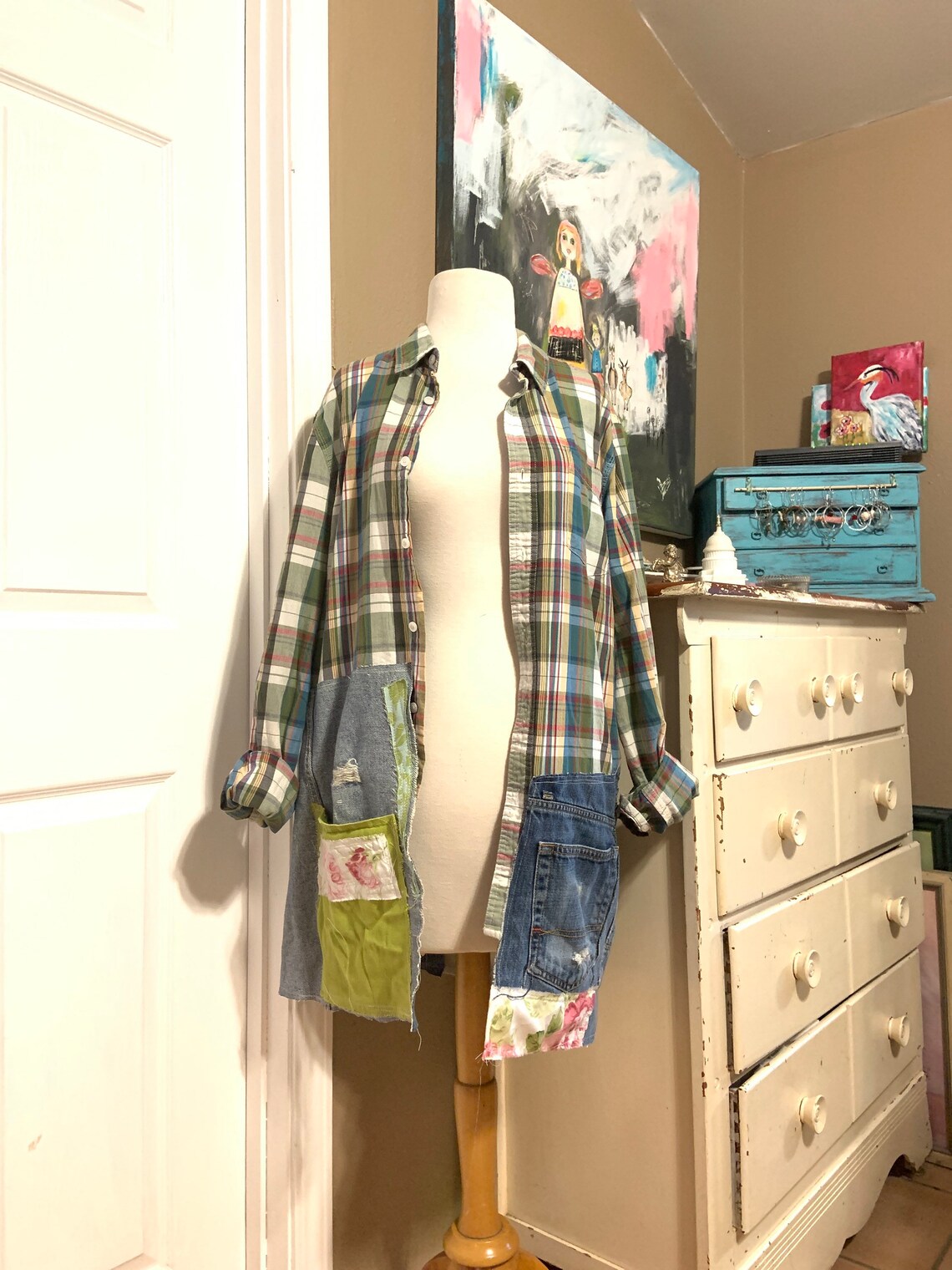 Upcycled Denim and Cotton Green Plaid Shirt Jacket Upcycled - Etsy